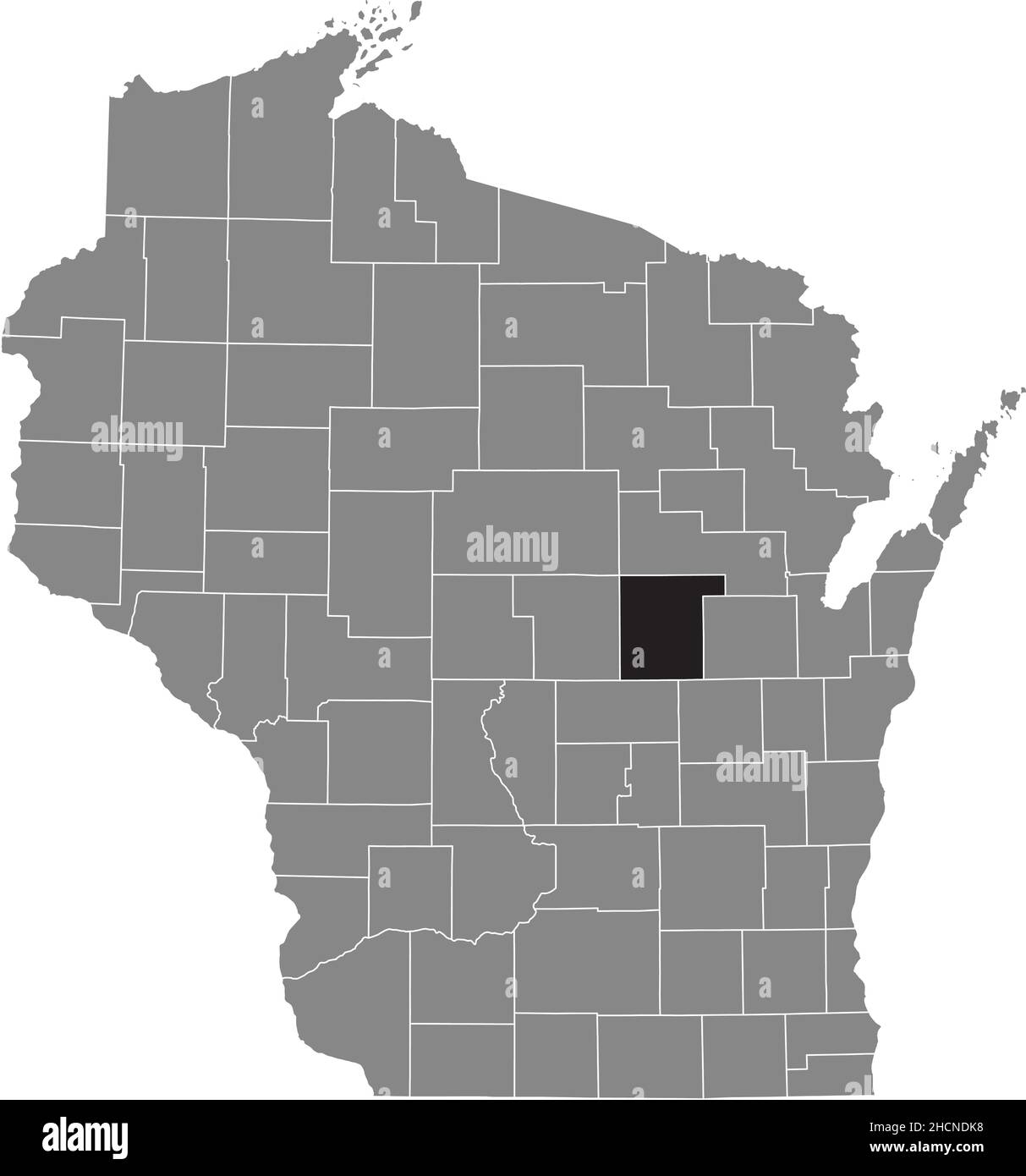Black highlighted location map of the Waupaca County inside gray ...