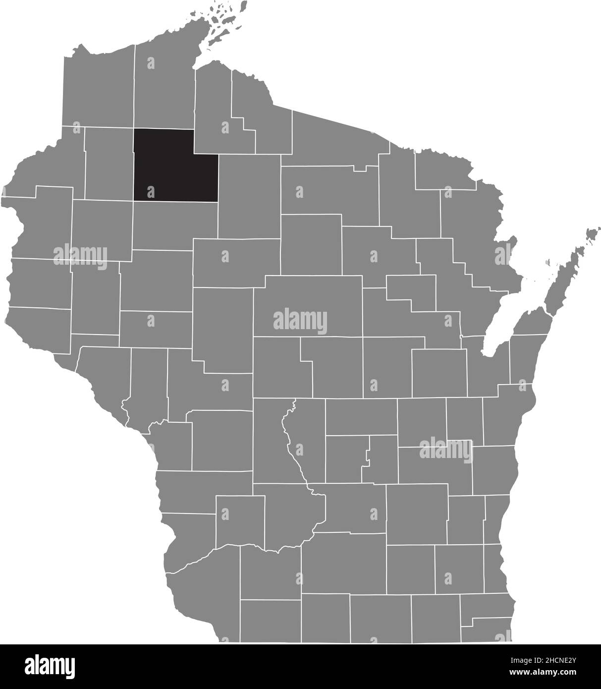Black highlighted location map of the Sawyer County inside gray ...