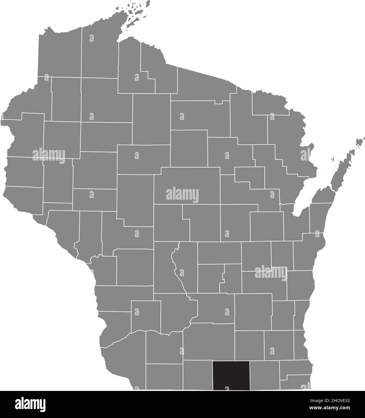 Black highlighted location map of the Rock County inside gray ...