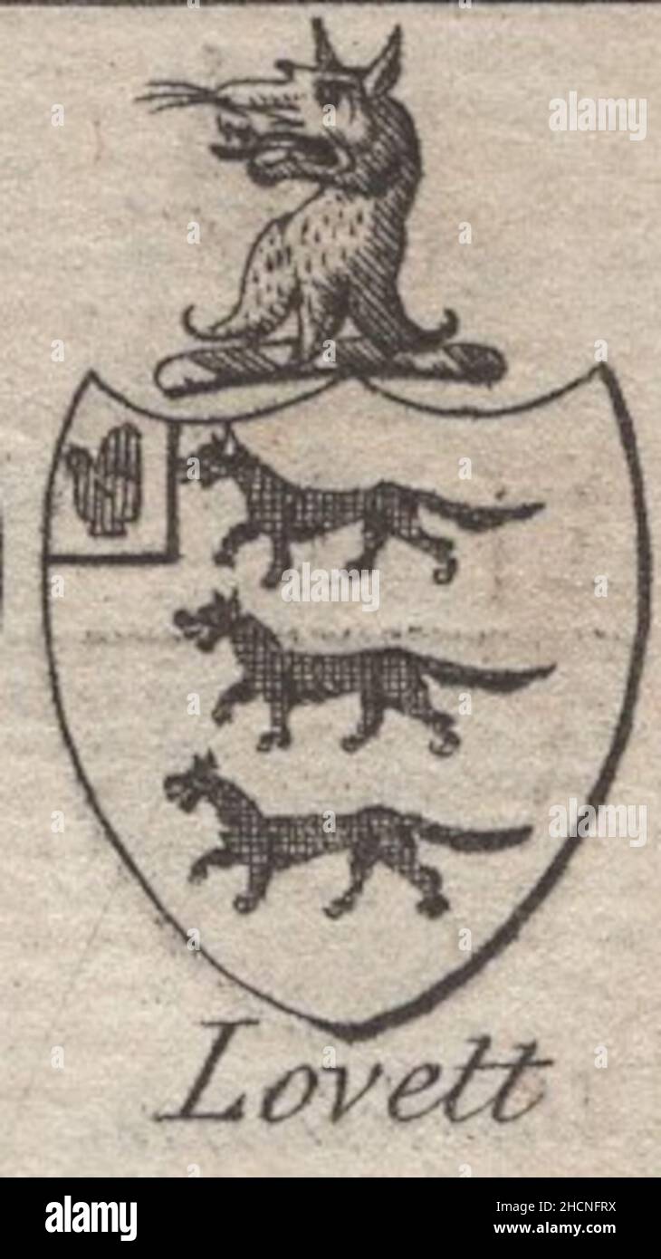 antique 18th century engraving heraldy coat of arms, English Baronet Lovett by Woodman & Mutlow ...