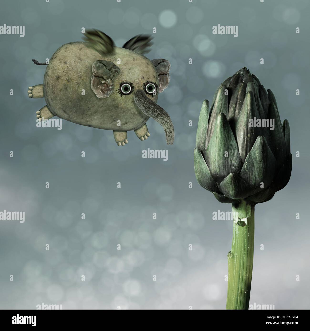 An elephant with wings flies toward a single flower Stock Photo - Alamy