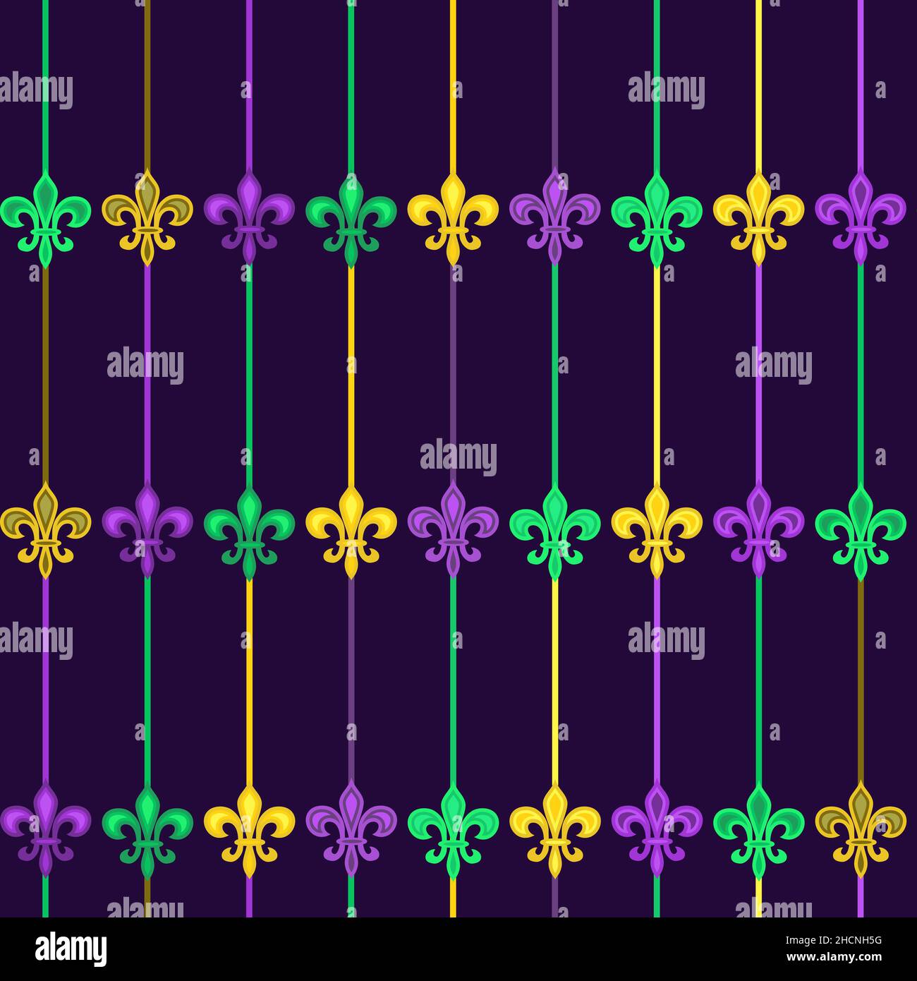 Seamless pattern beautiful yellow, green, purple Fleur-de-Lis lily symbol on black background ...