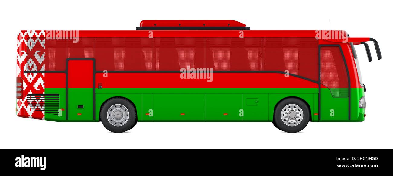 Bus travel in Belarus, Belarusian bus tours, concept. 3D rendering ...