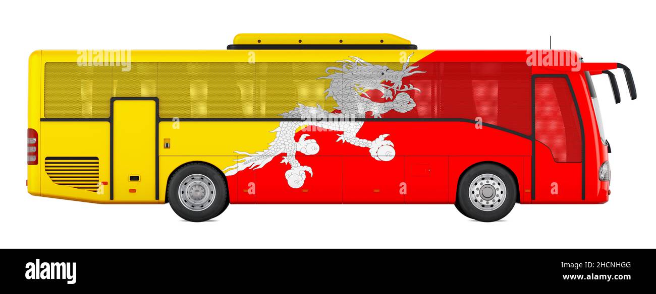 Bus travel in Bhutan, Bhutanese bus tours, concept. 3D rendering ...