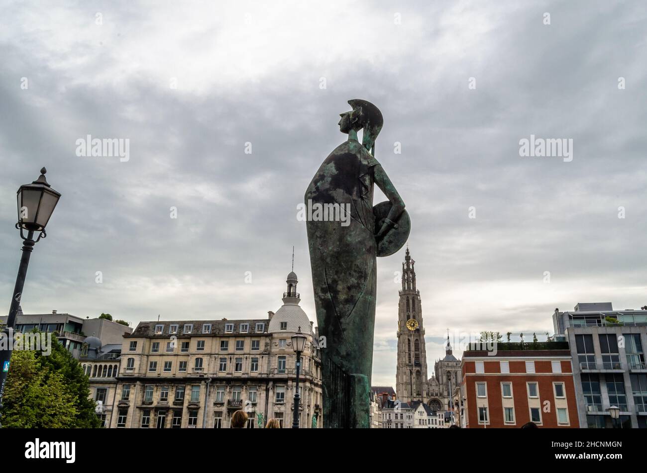 ANTWERP, BELGIUM - AUGUST 22, 2013: The statue of the goddess Minerva ...