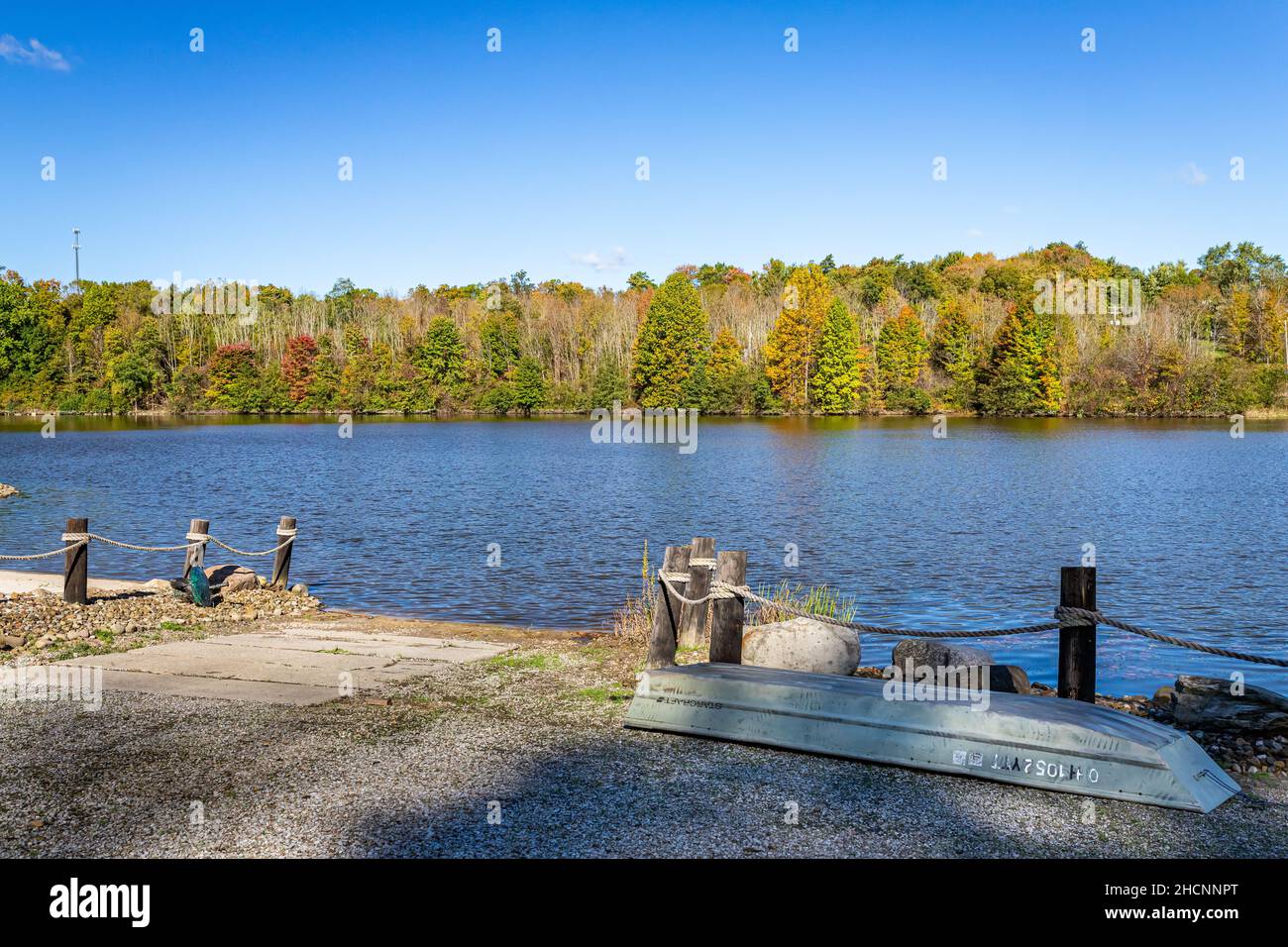 The Grand River during Autumn leaf color change at Parkman, Ohio Stock ...