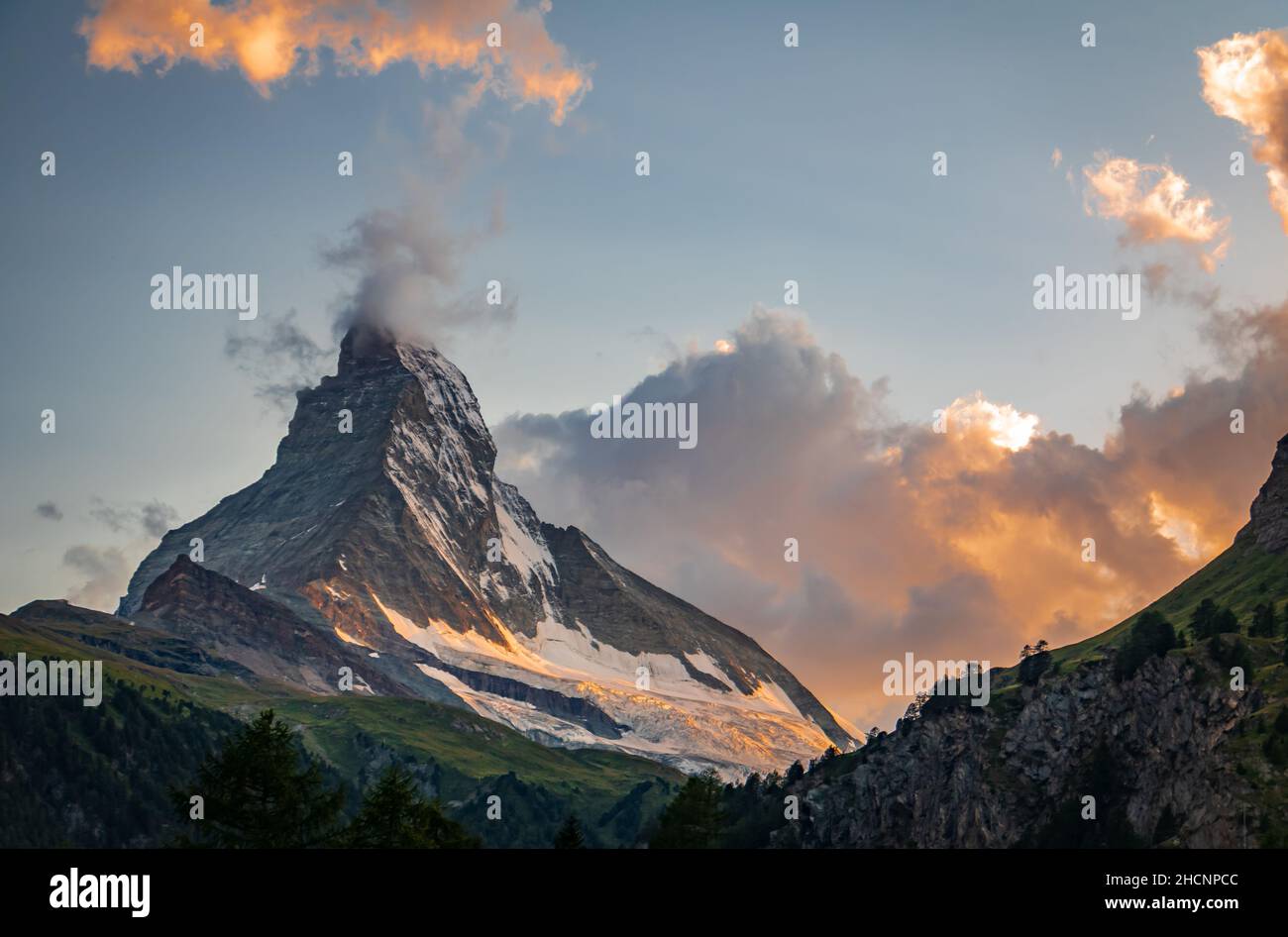 Scenic landscape view of The Matterhorn mountain peak from Zermatt ...