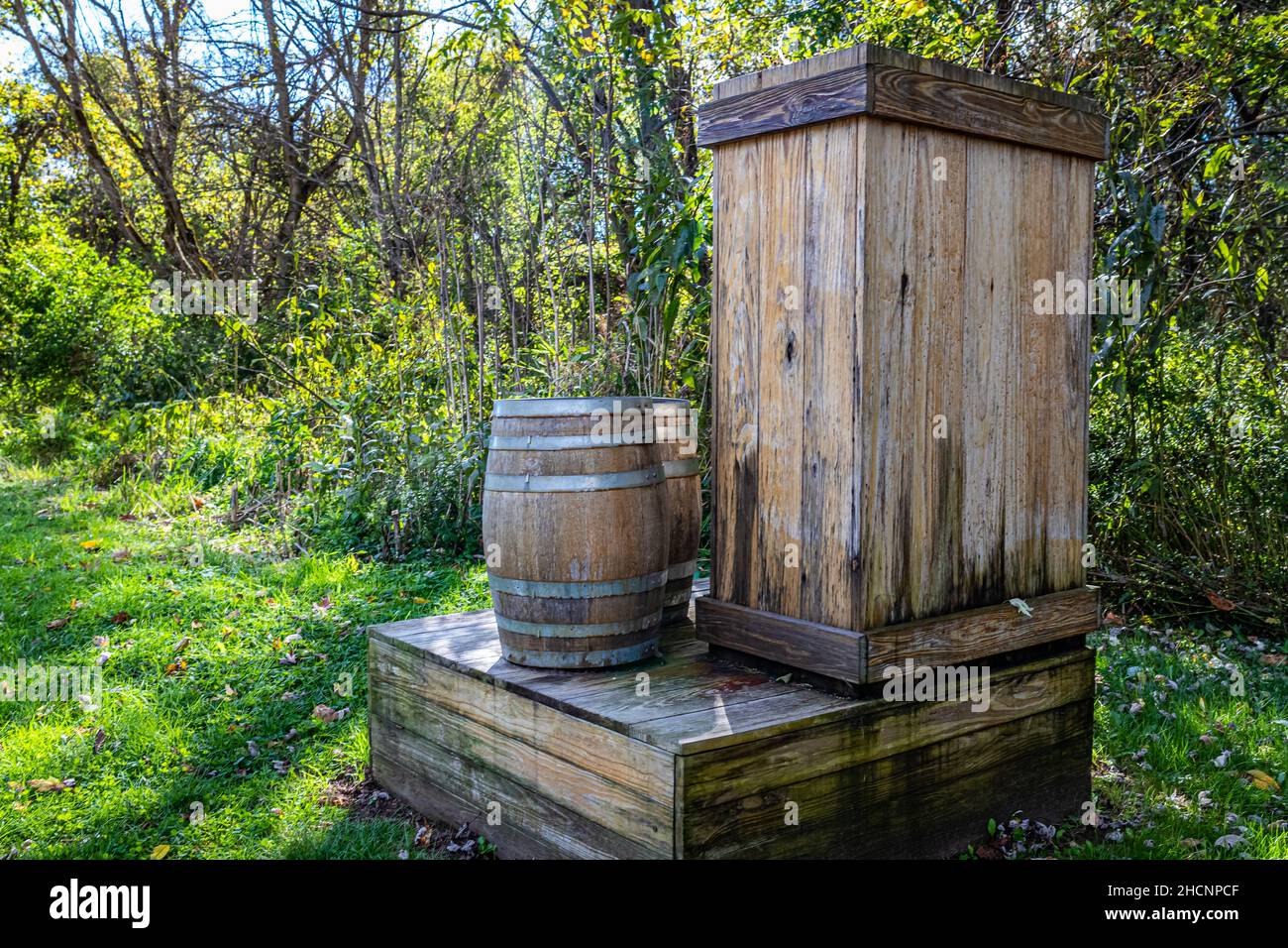 Vintage shipping containers, barrels and crates, awaiting loading for ...
