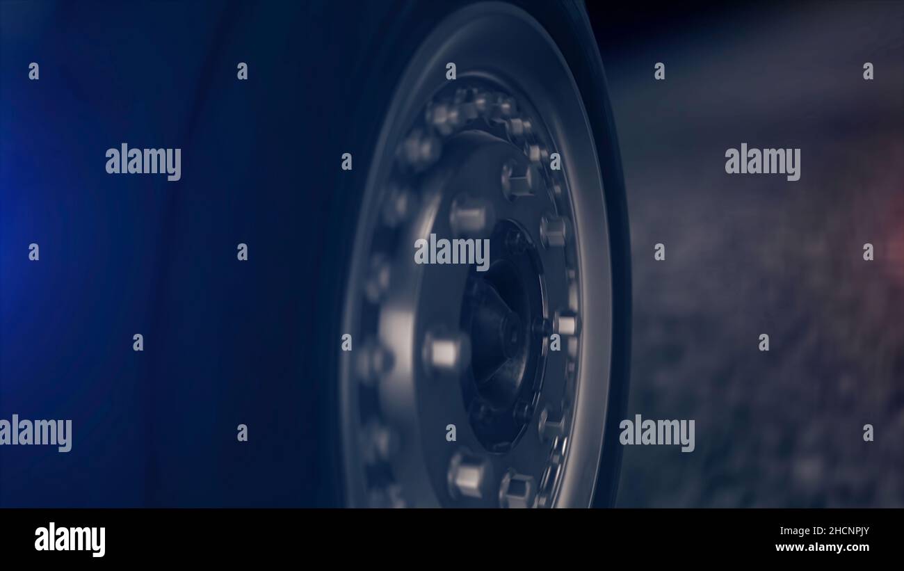 Side view of abstract car wheel driving on black road. Close up for car ...