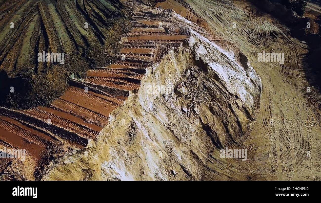 Top view of sand quarry, mining of natural resources or ore, heavy ...