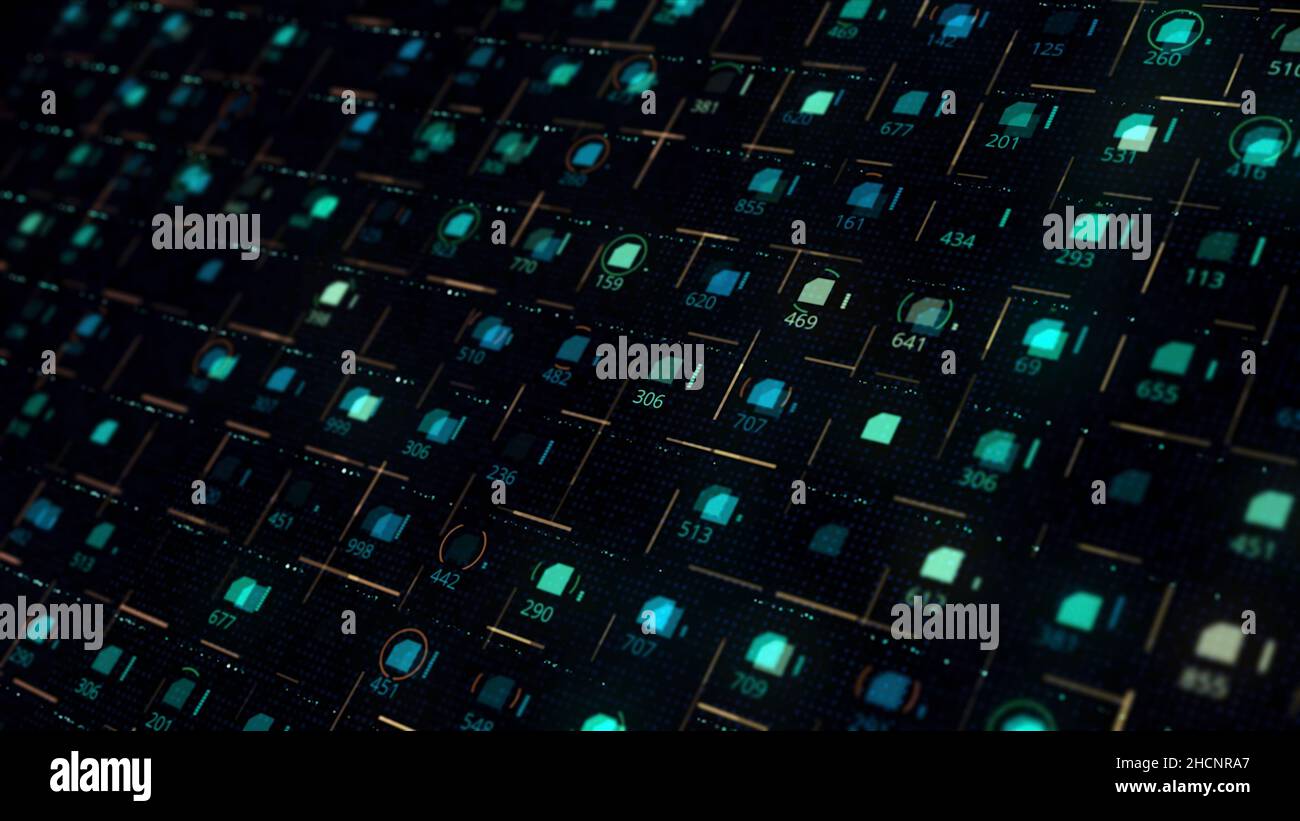 Digital display with green rows of small same size microchips with ...