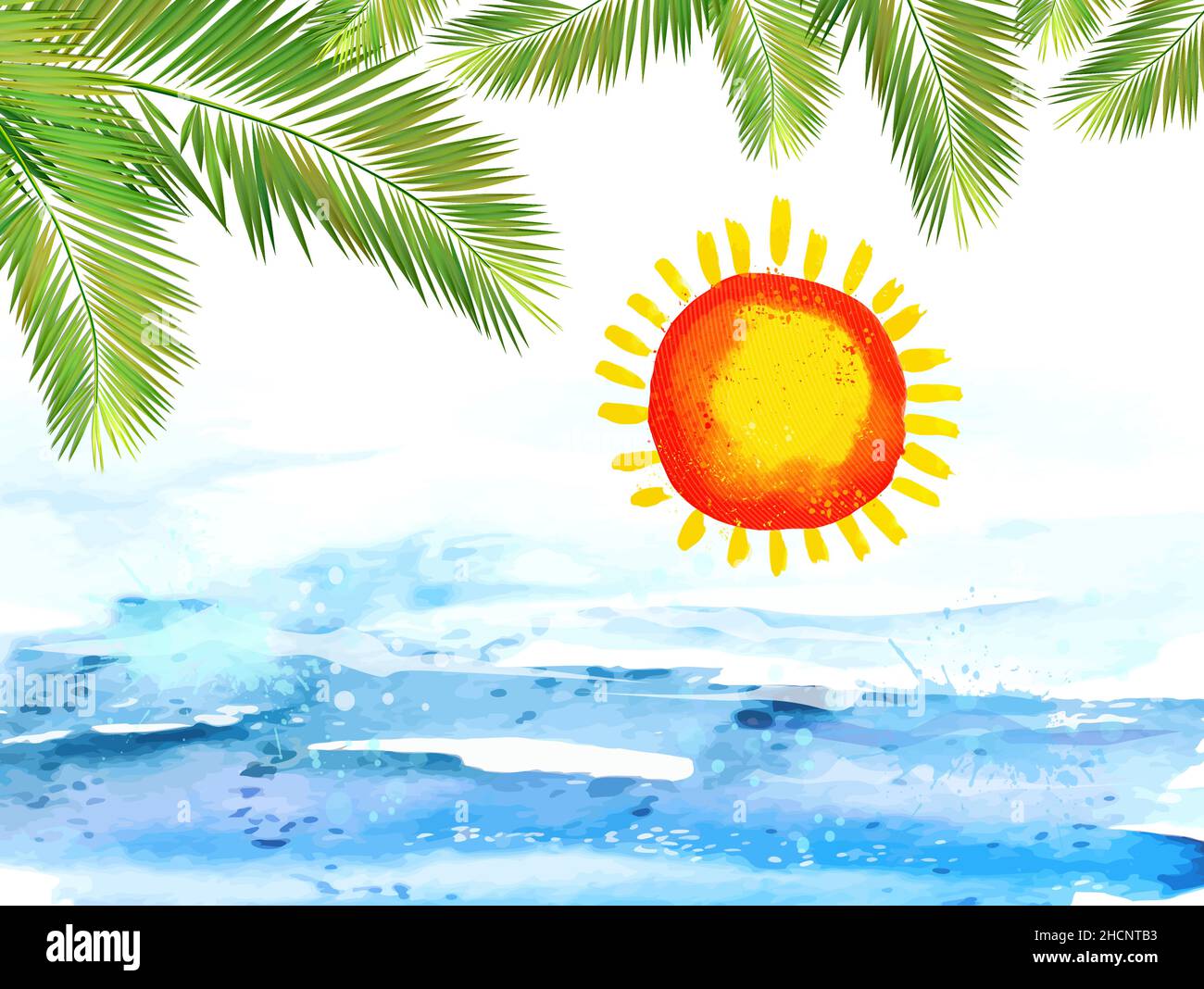Sun and sea watercolor. Palm leaves. Vector illustration Stock Vector ...