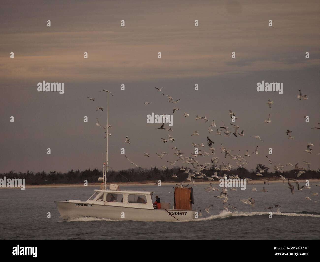 Fishing boat entering Barnegat Bay near the Island Beach State Park ...
