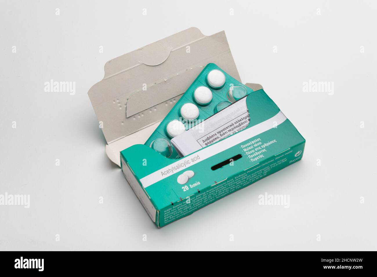 ATHENS / GREECE - DECEMBER 30, 2021: Aspirin pills in opened blister ...