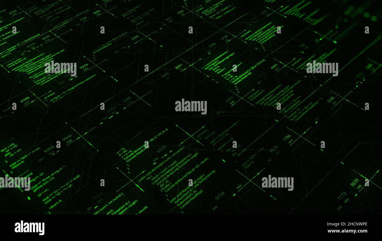 Futuristic screen with animated digital graphs, charts, computer data ...