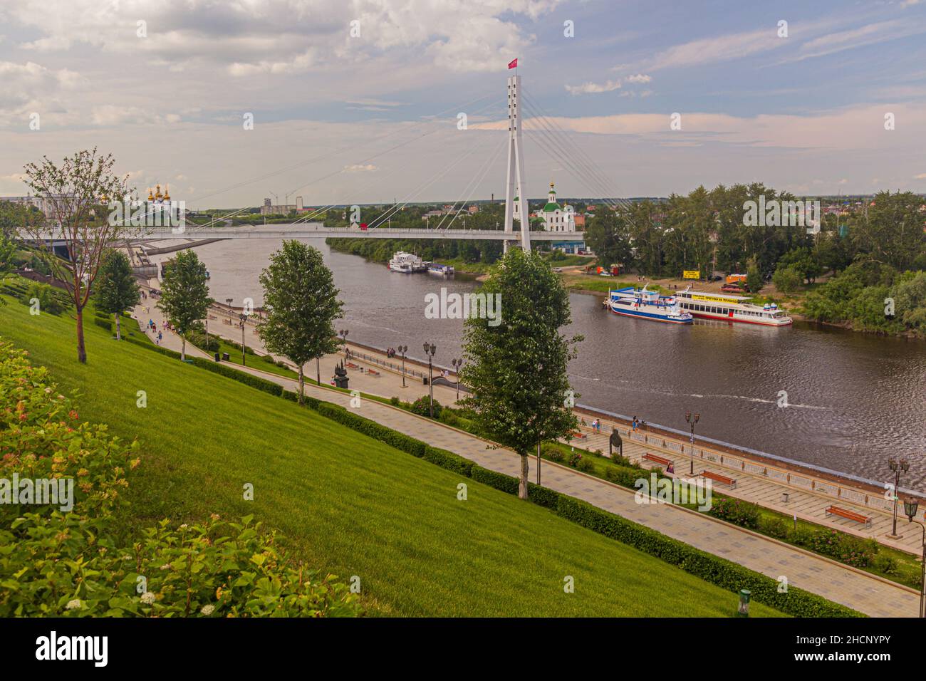 TYUMEN, RUSSIA - JULY 6, 2018: Tura river in Tyumen city crossed by the ...