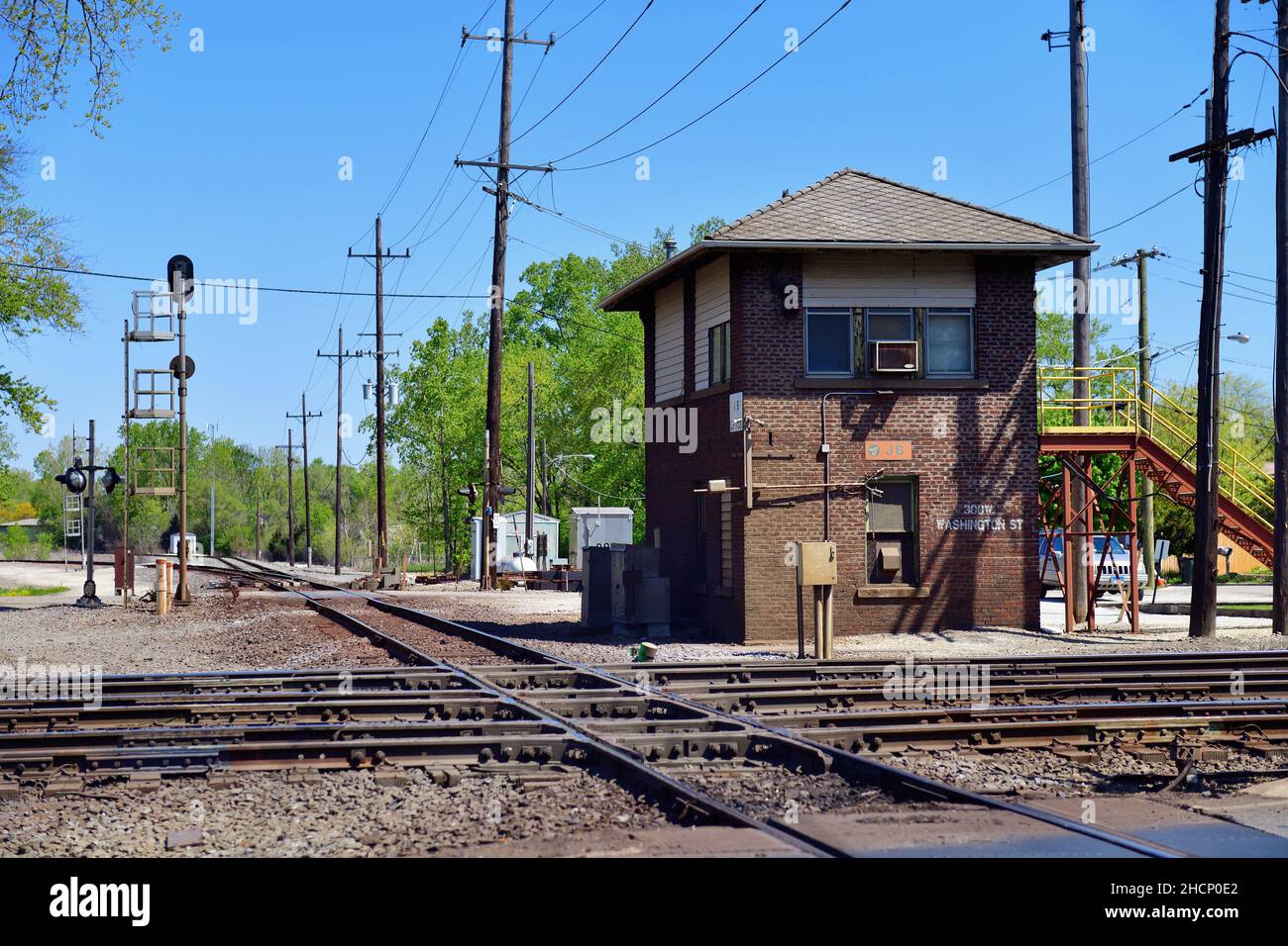 West Chicago, Illinois, USA. A railroad control tower protecting a ...