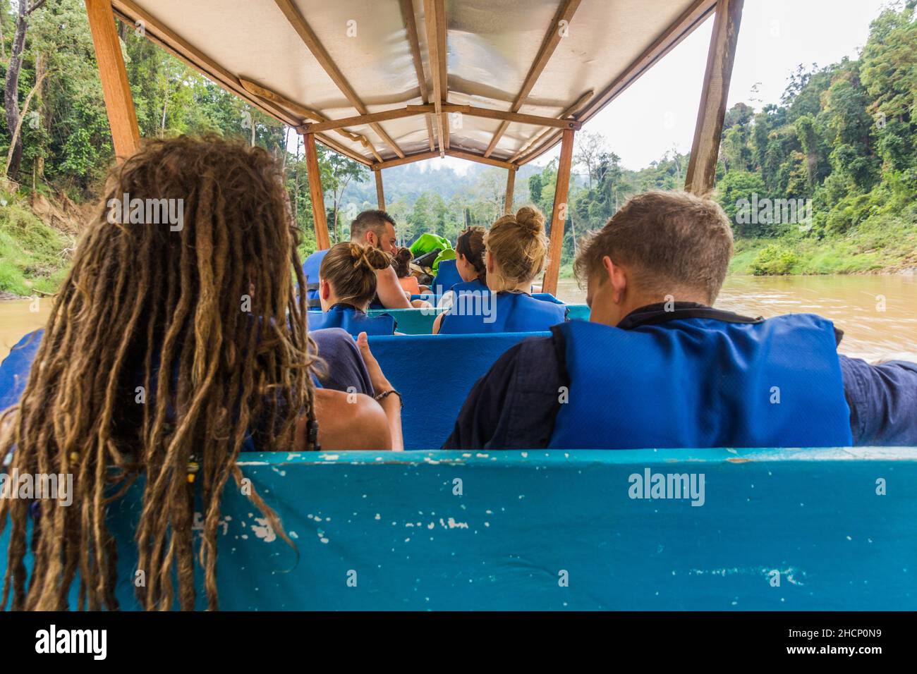 TAMAN NEGARA, MALAYSIA - MARCH 16, 2018: Boat with tourists at the ...