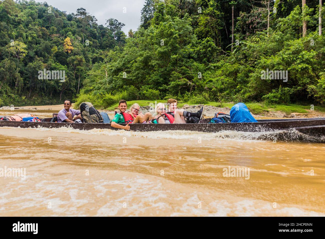 TAMAN NEGARA, MALAYSIA - MARCH 16, 2018: Boat with tourists at the ...