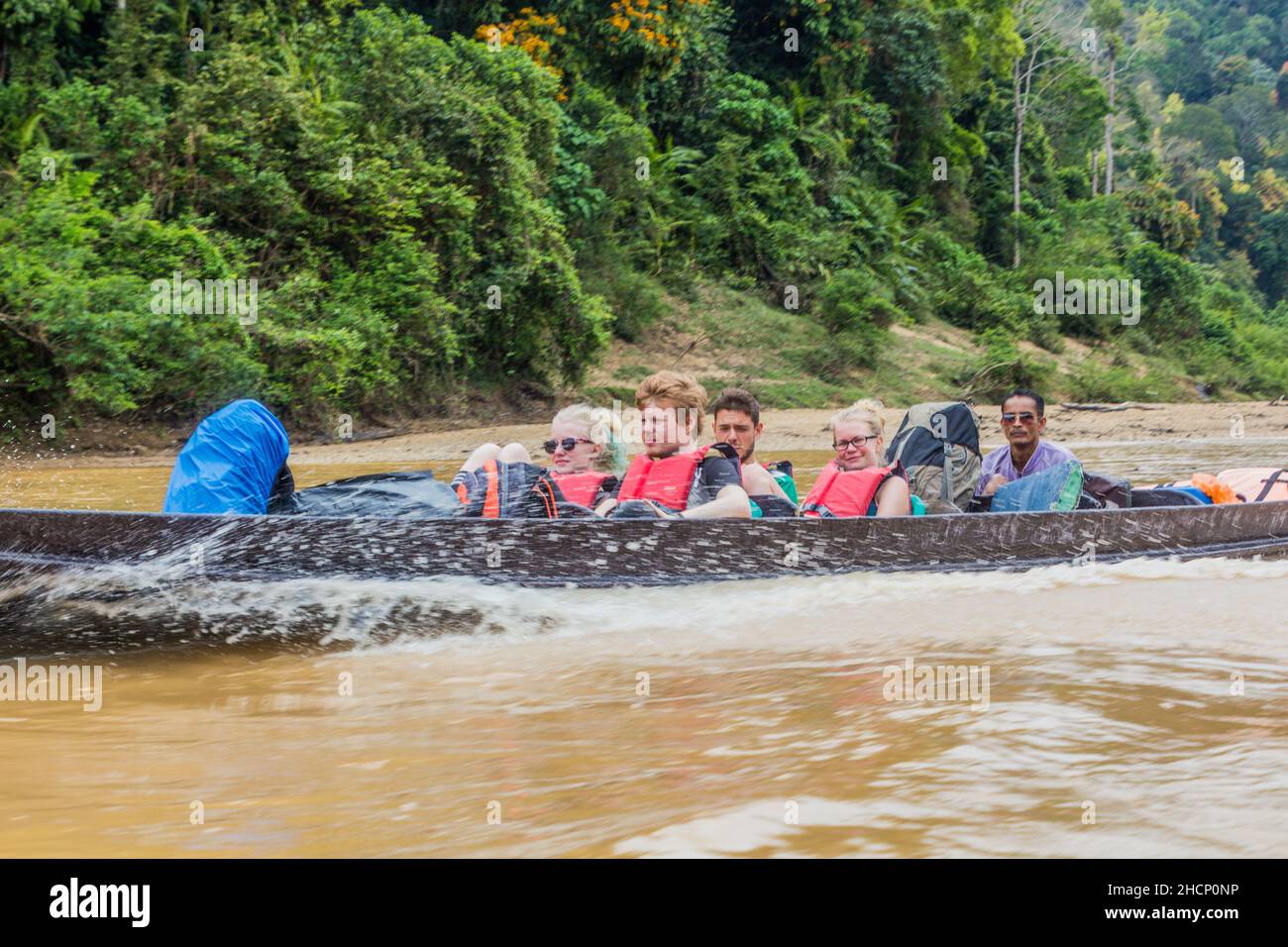 TAMAN NEGARA, MALAYSIA - MARCH 16, 2018: Boat with tourists at the ...