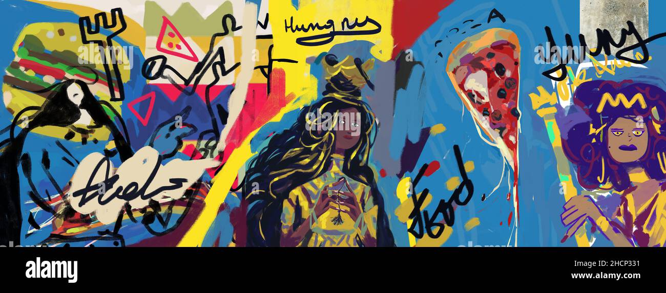 Creative banner with some food and queen, modern art with graffiti ...