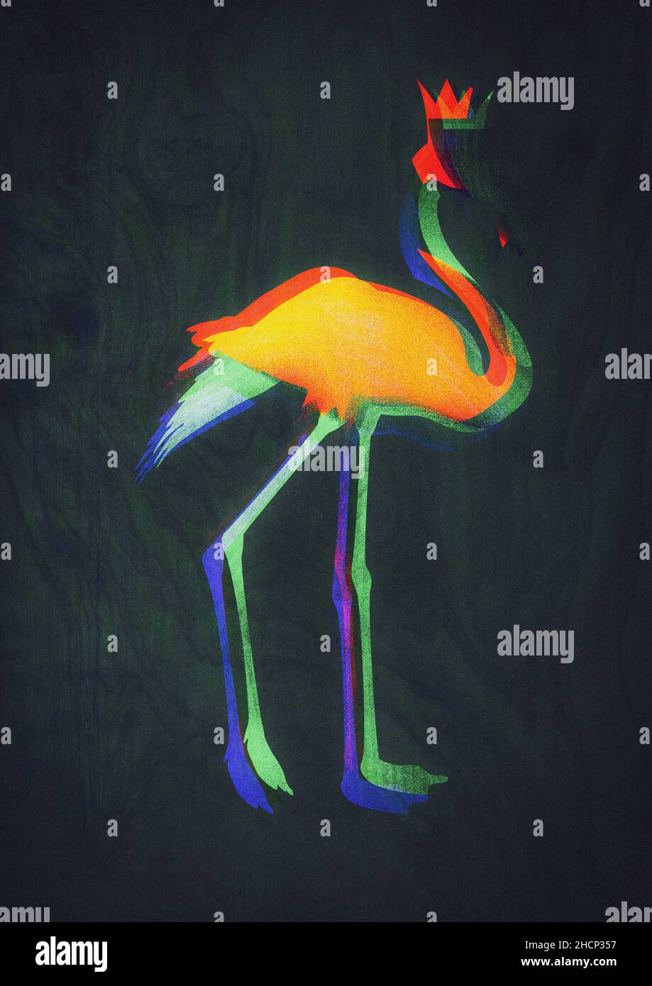 Esthetic Glitch flamingo with. crown on. wood texture, pink, orange and ...
