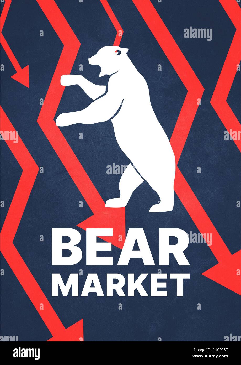 Stimulating bear market title with red arrow down, and bear roar and ...