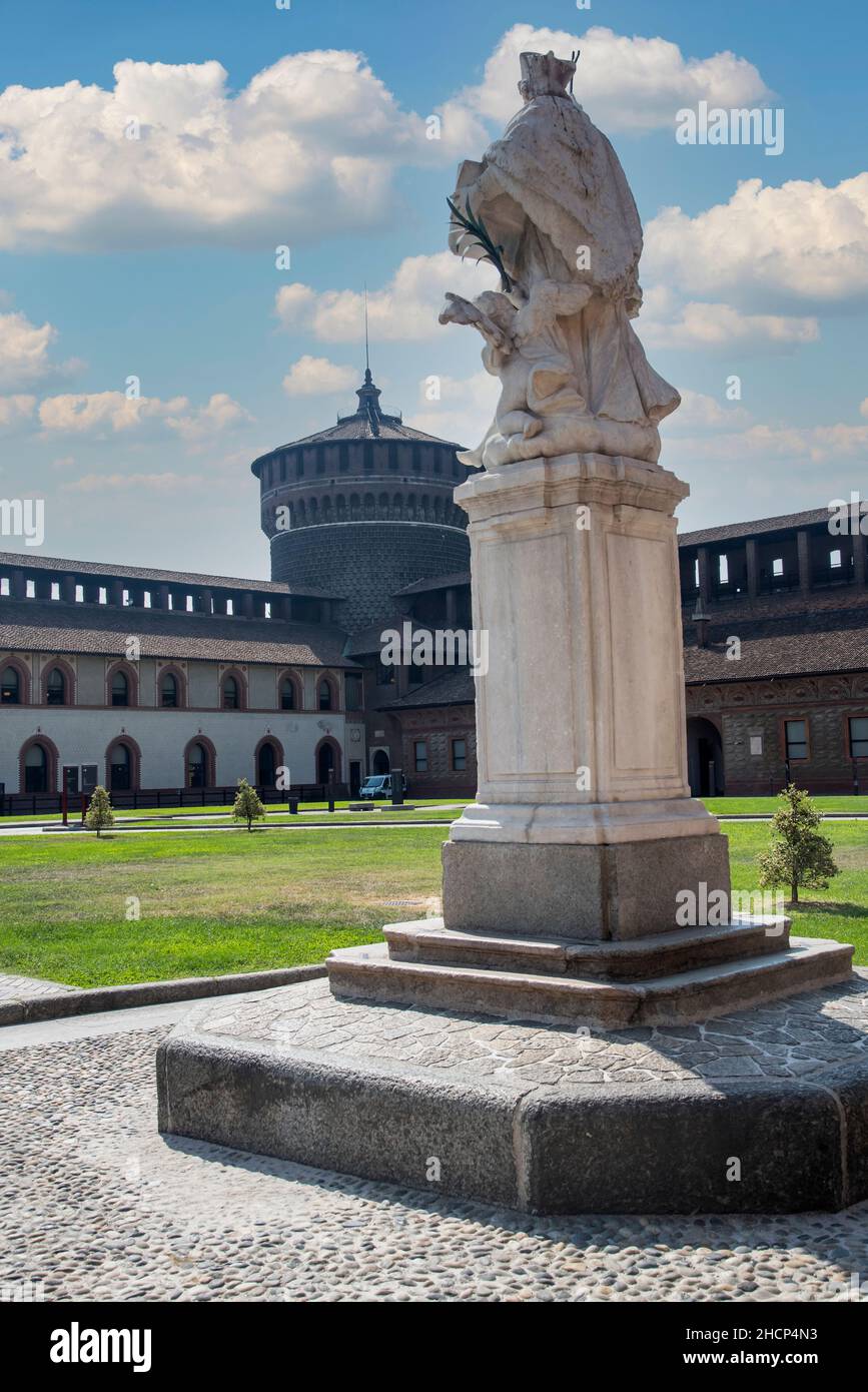 Courtyard, Sforza Castle , statue , John of Nepomuk in front, Milan ...