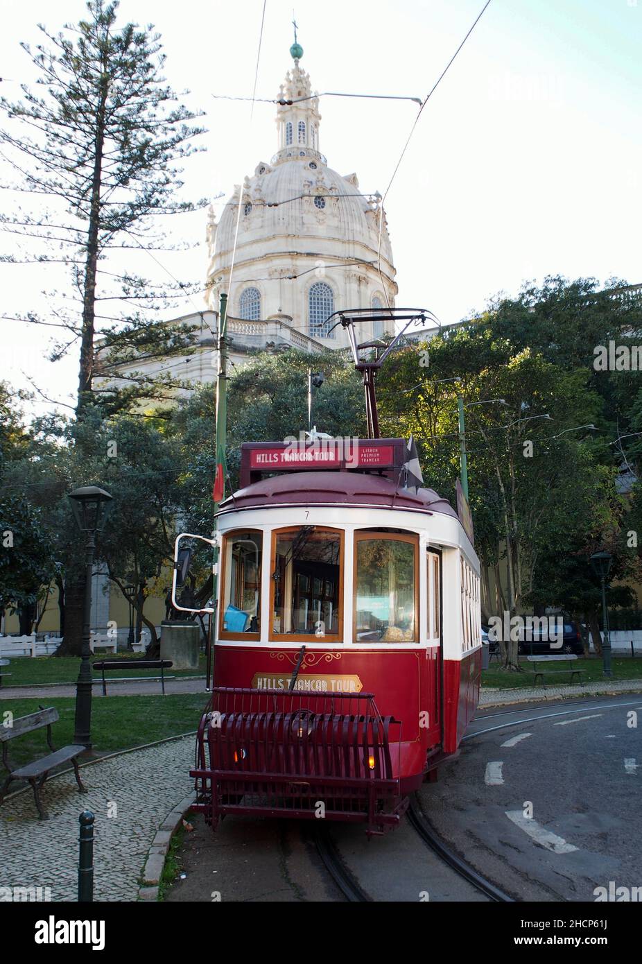 Iconic red Lisbon tram car at the Estrela stop, Lisbon, Portugal Stock ...