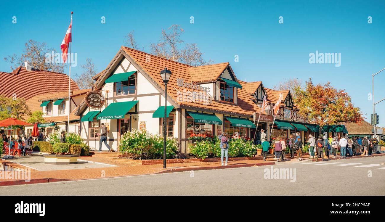 Solvang, California, USA - December 28, 2021 Downtown of Solvang ...