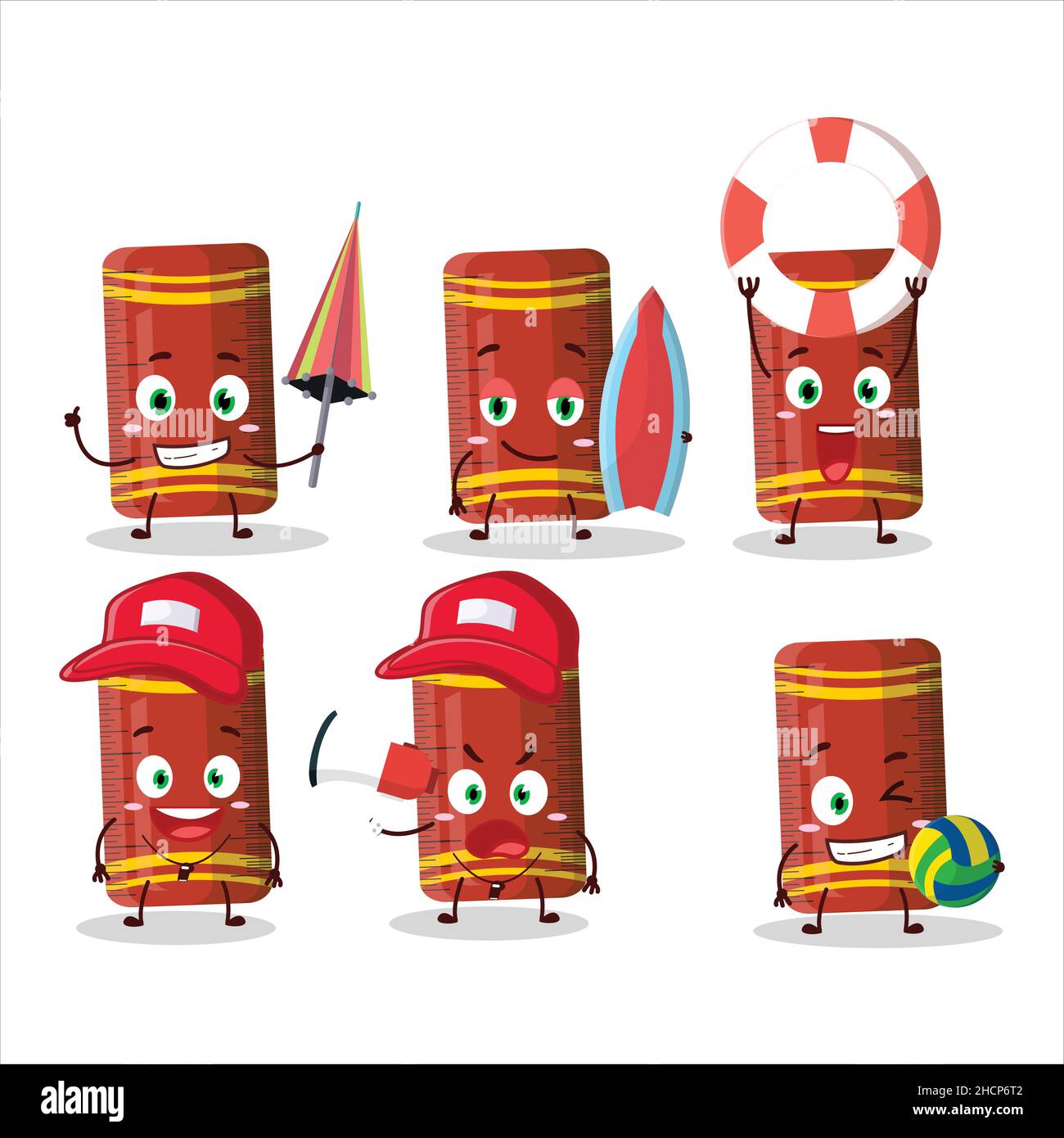 Happy Face red ruler cartoon character playing on a beach. Vector ...