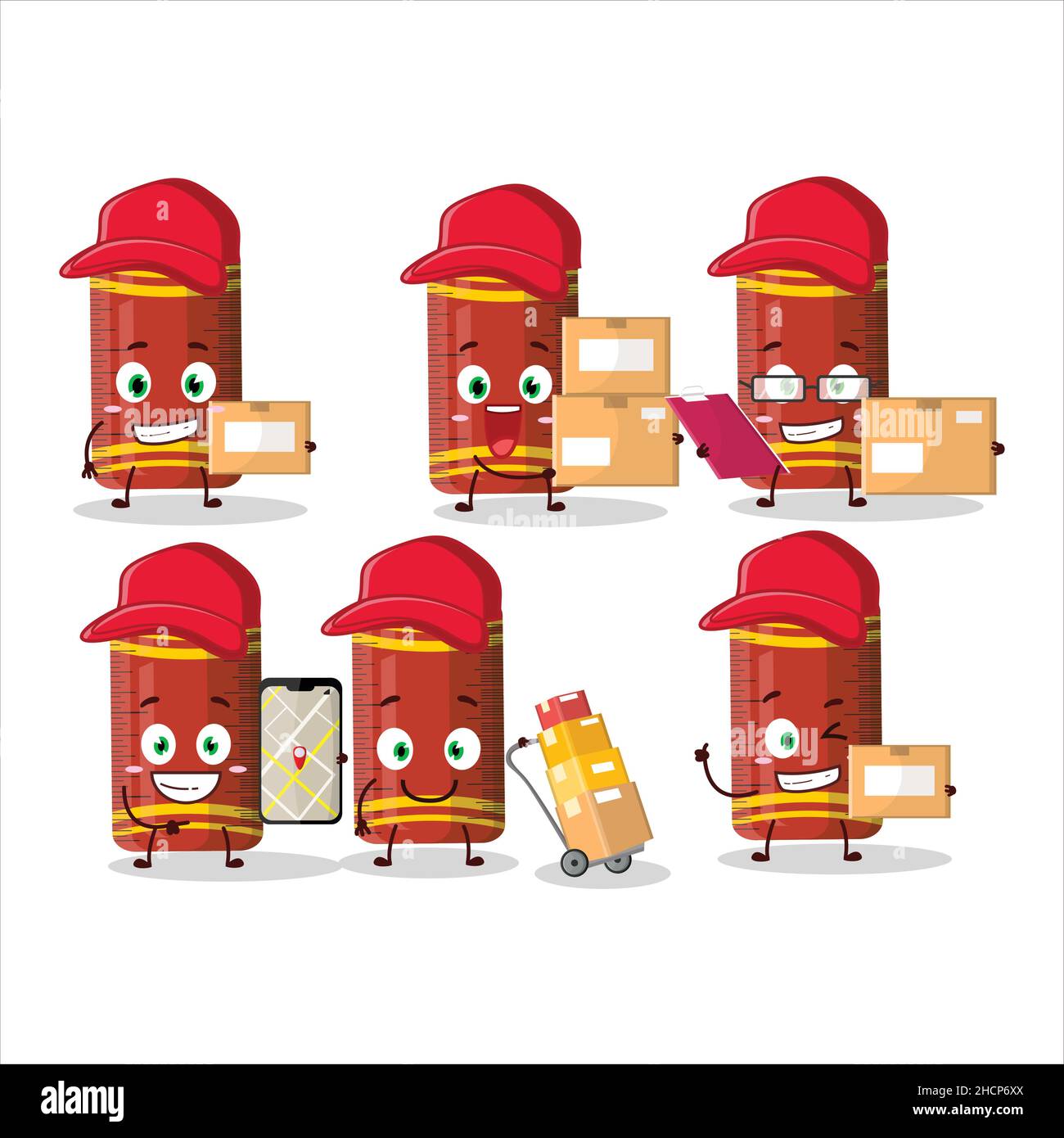 Cartoon character design of red ruler working as a courier. Vector ...