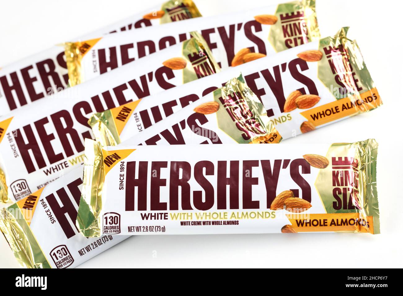 May 4, 2021. New York, US. King size hersheys white chocolate bars on isolated white background ...