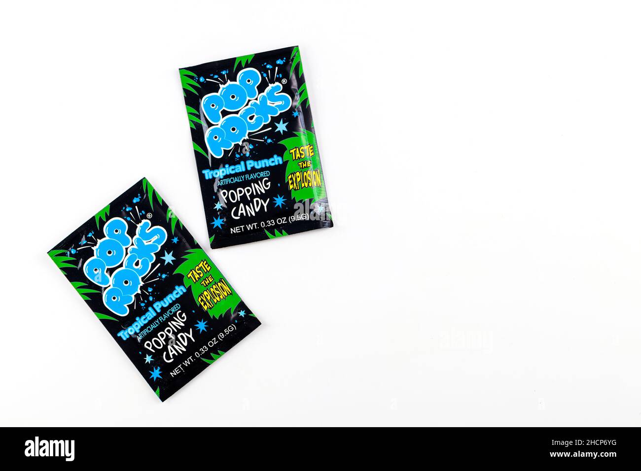 May 4, 2021. New York, US. Two packages of Pop Rocks tropical punch ...