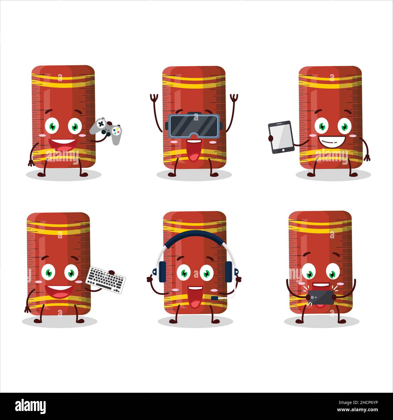 Red ruler cartoon character are playing games with various cute ...