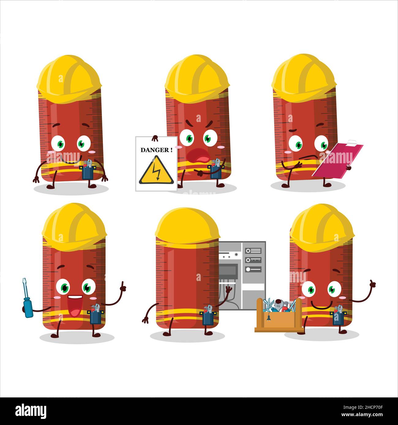 Professional Lineman red ruler cartoon character with tools. Vector ...