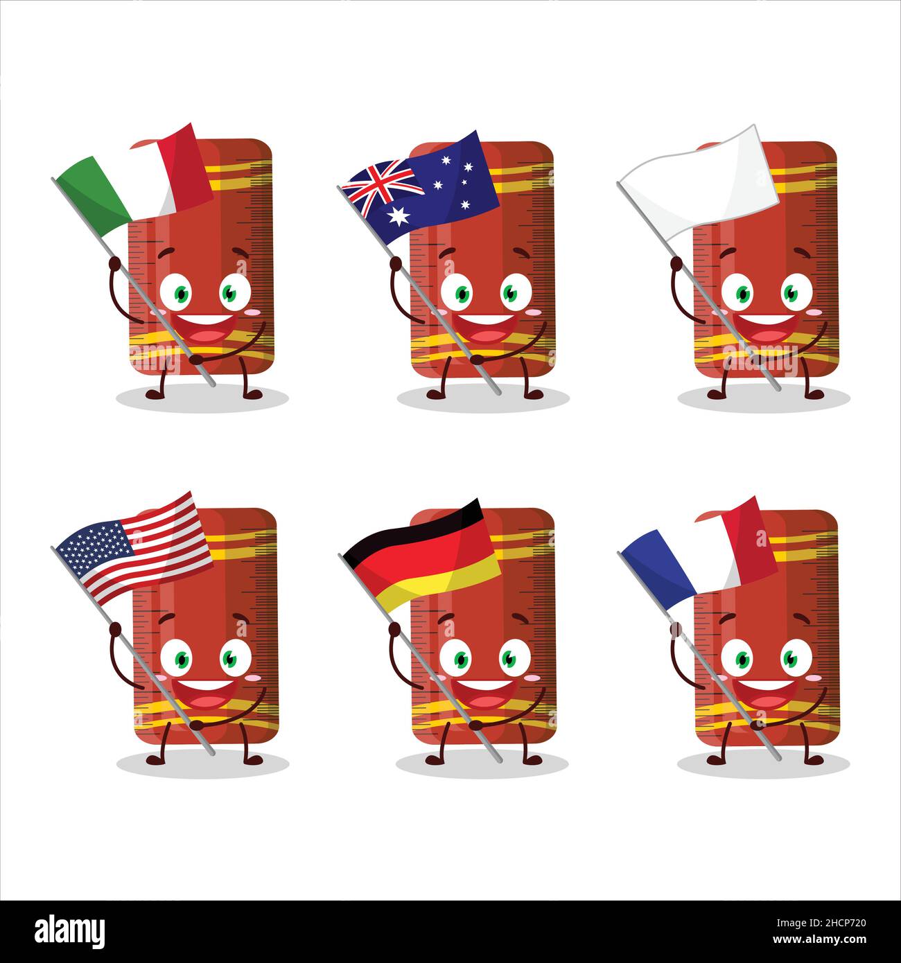 Red Ruler Cartoon Character Bring The Flags Of Various Countries