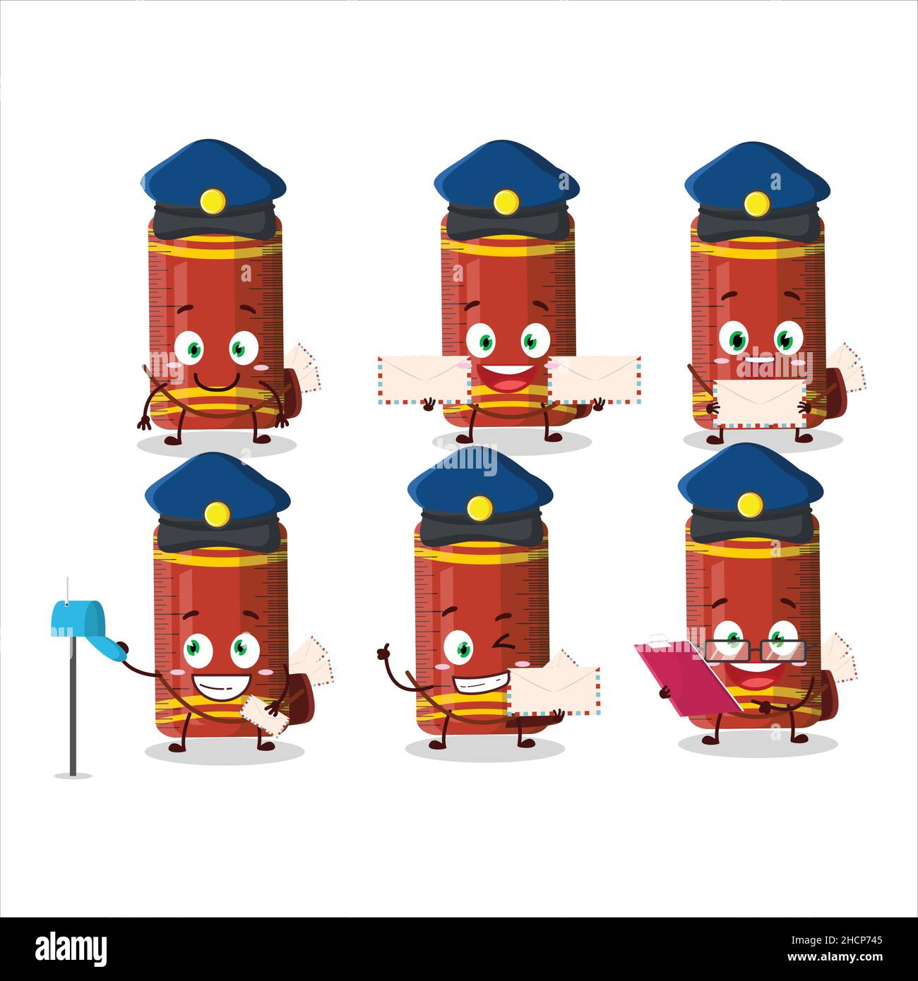 A picture of cheerful red ruler postman cartoon design concept. Vector ...