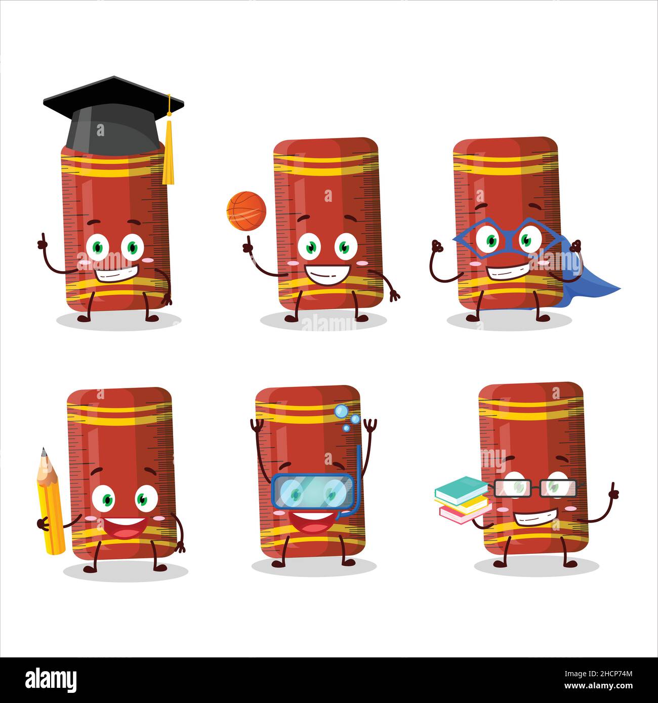 School student of red ruler cartoon character with various expressions ...