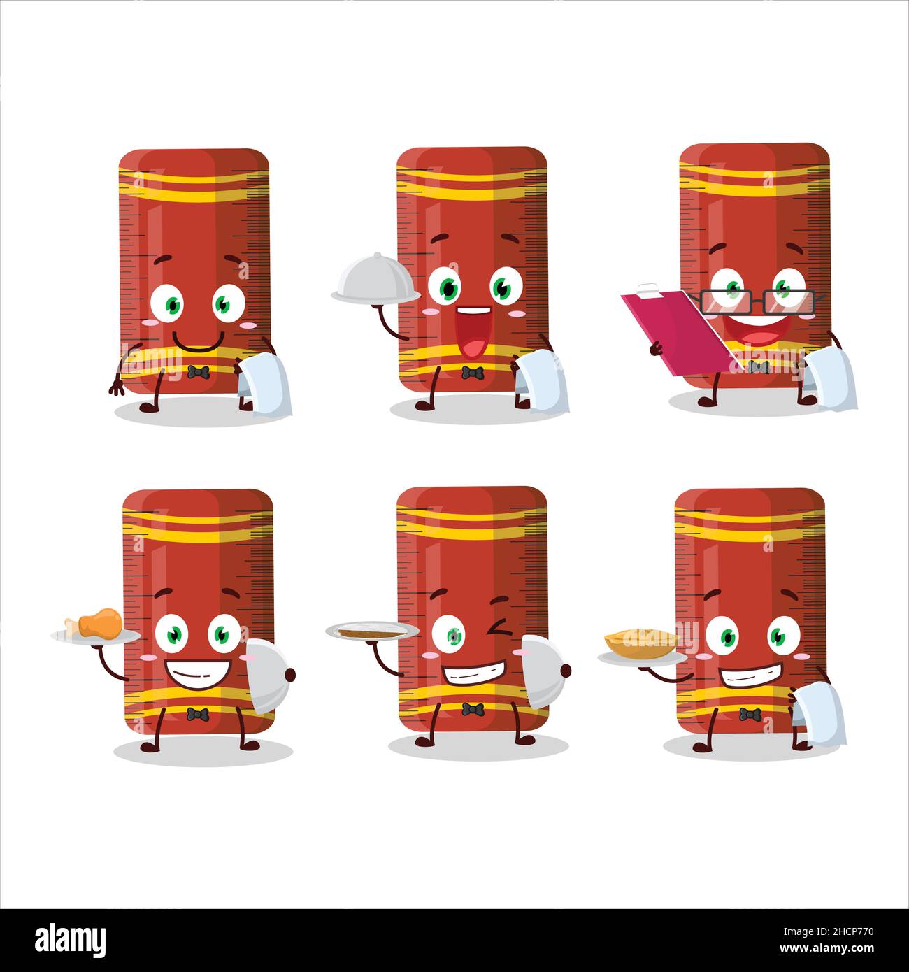 happy red ruler waiter cartoon character holding a plate. Vector ...
