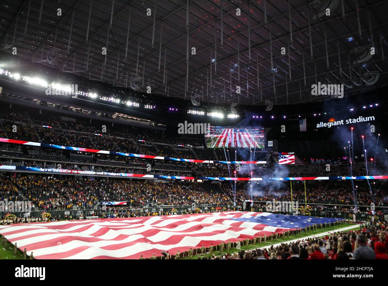 Las Vegas, NV, USA. 30th Dec, 2021. An American flag covers the length ...