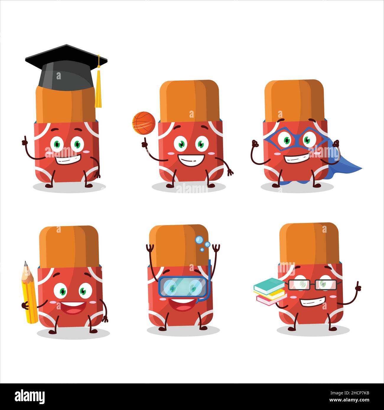 School student of red eraser cartoon character with various expressions ...