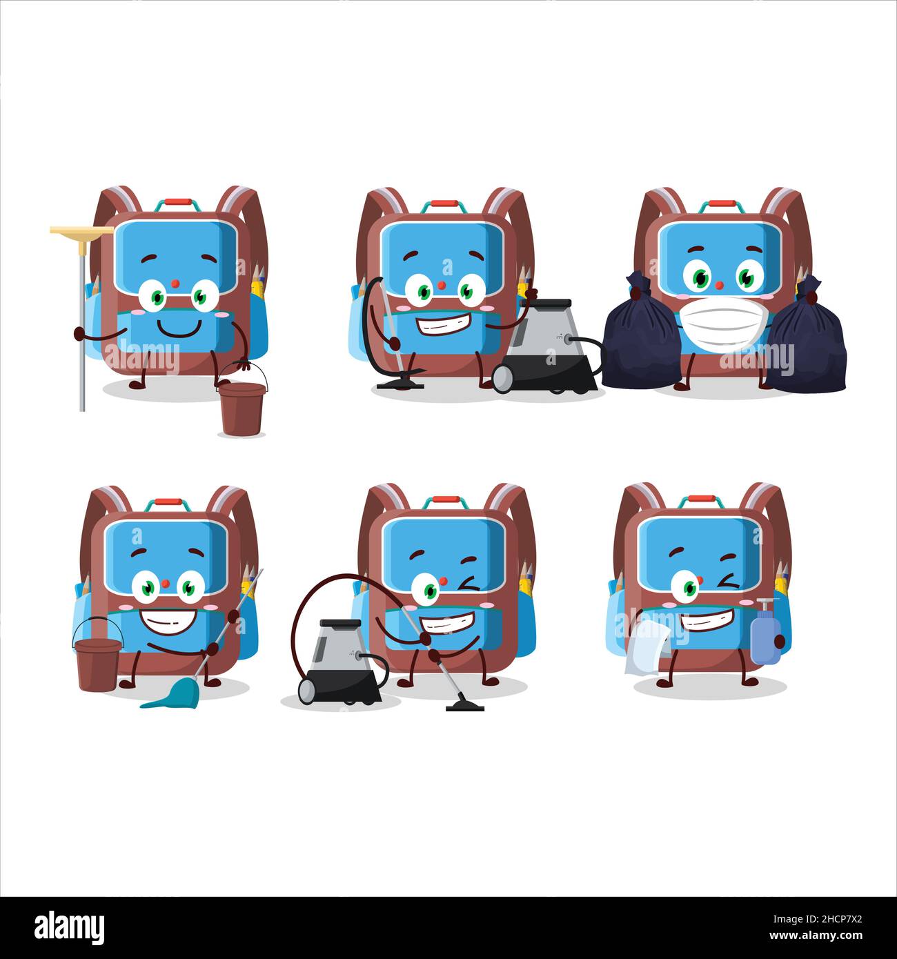 Cleaning service backpack children cute cartoon character using mop ...