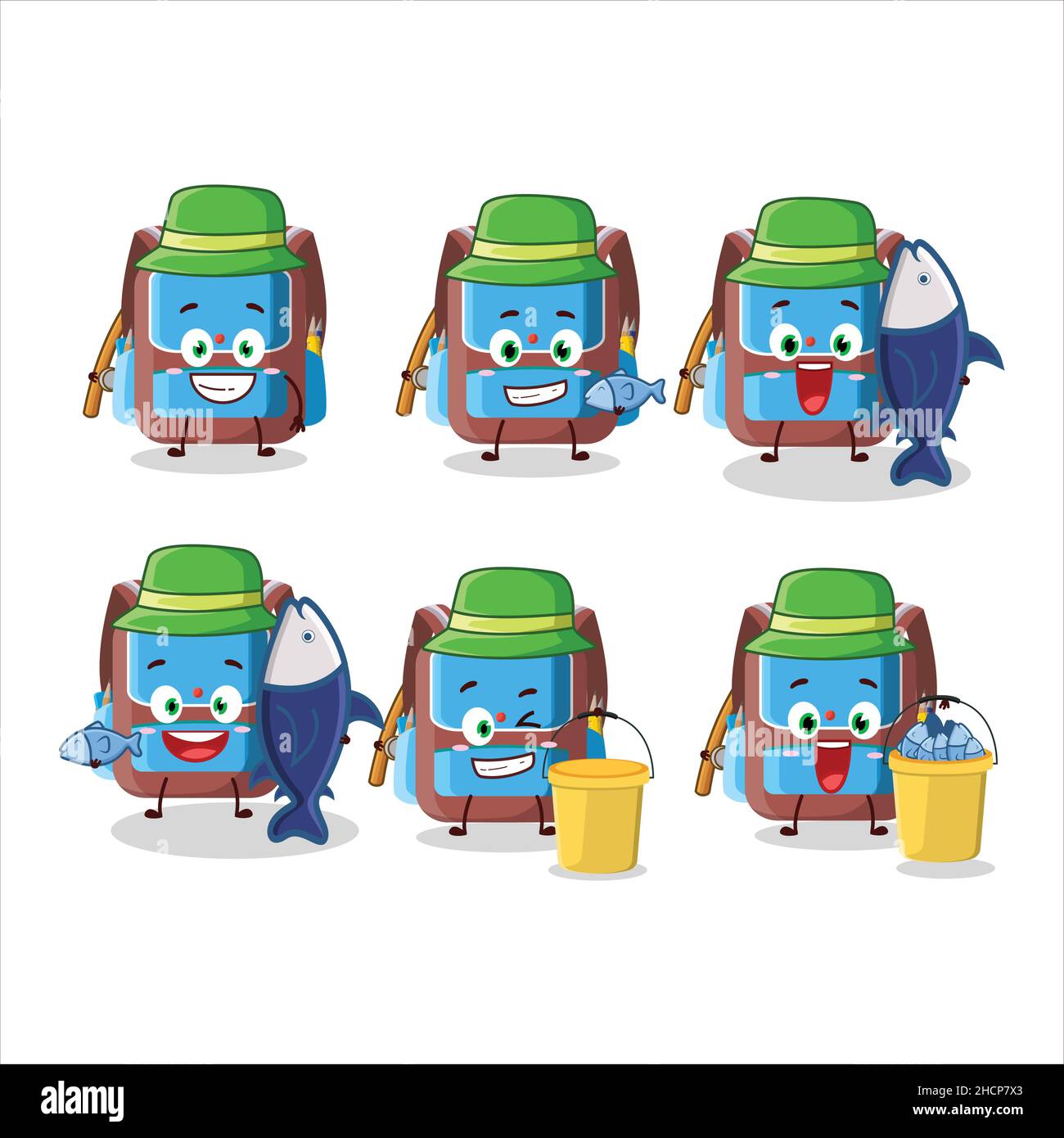 A fisherman backpack children cartoon picture catch a big fish. Vector ...