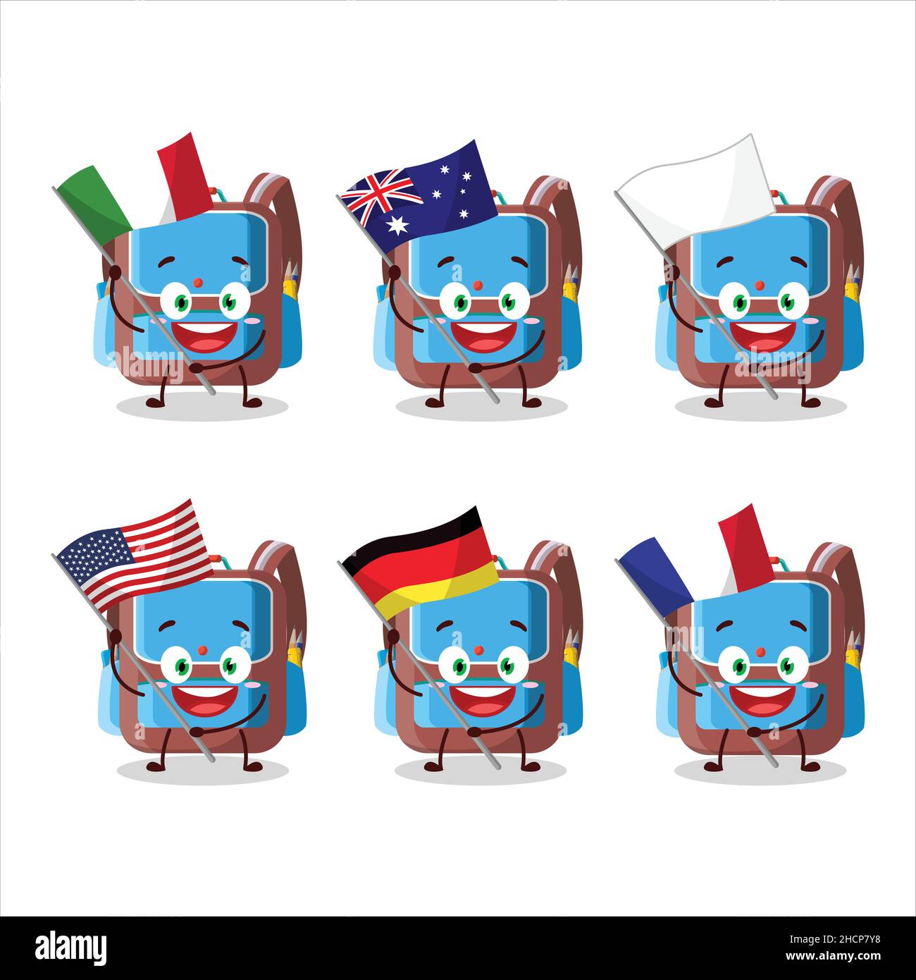 Backpack children cartoon character bring the flags of various ...