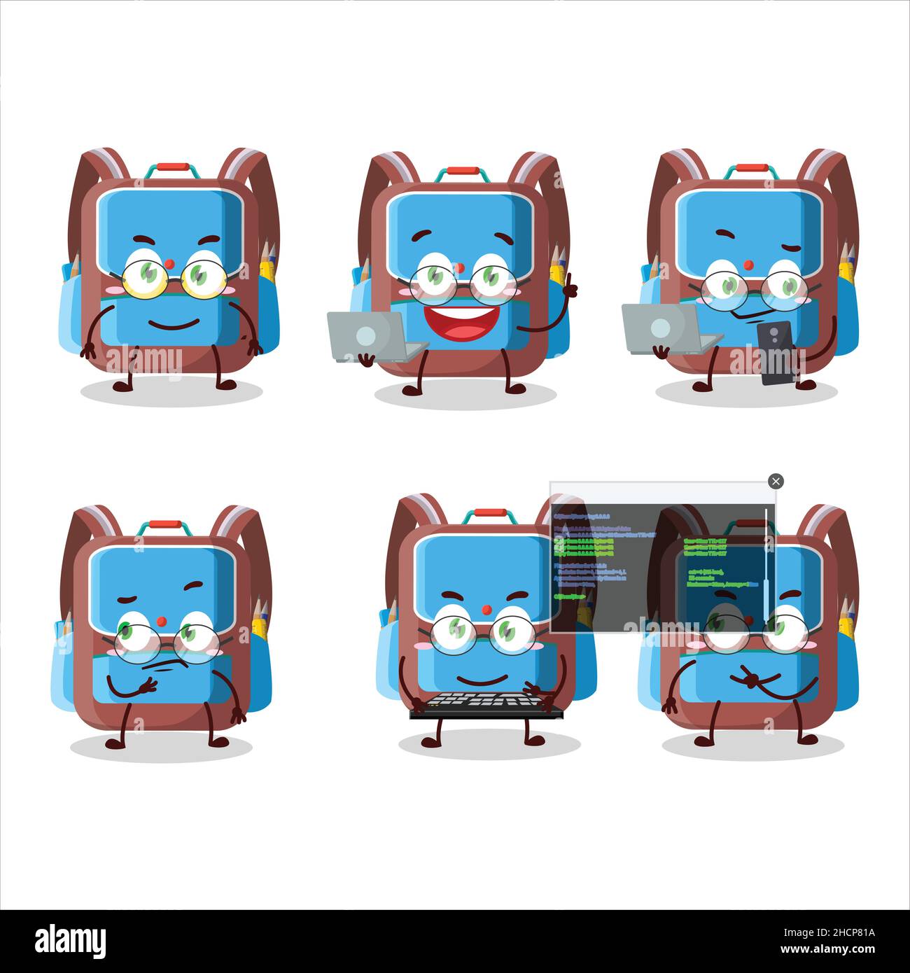 Backpack children Programmer cute cartoon character with. Vector ...
