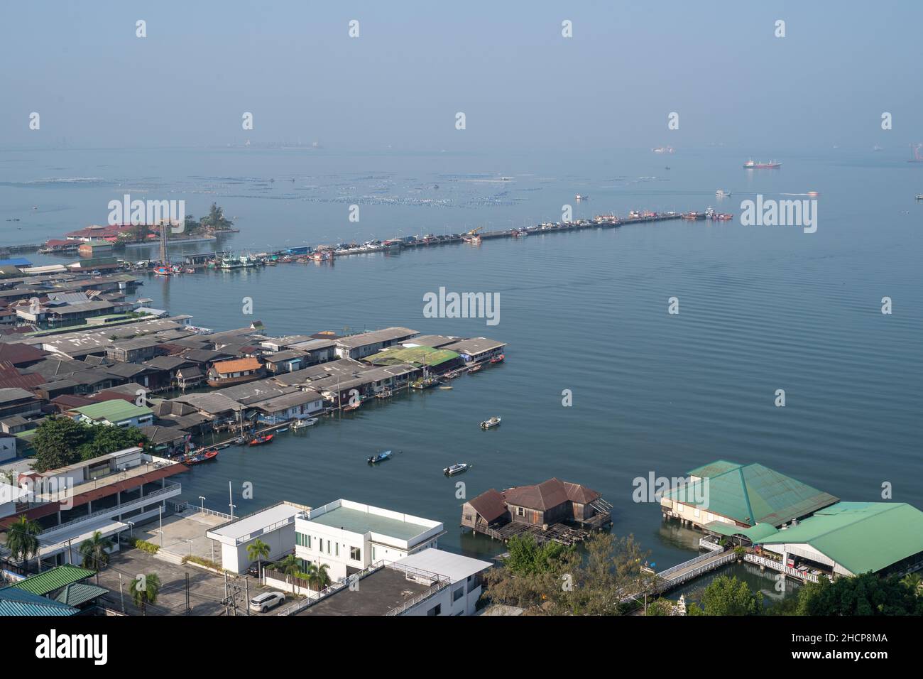 Aerial view of Sriracha waterfront and pier showing floating buildings ...