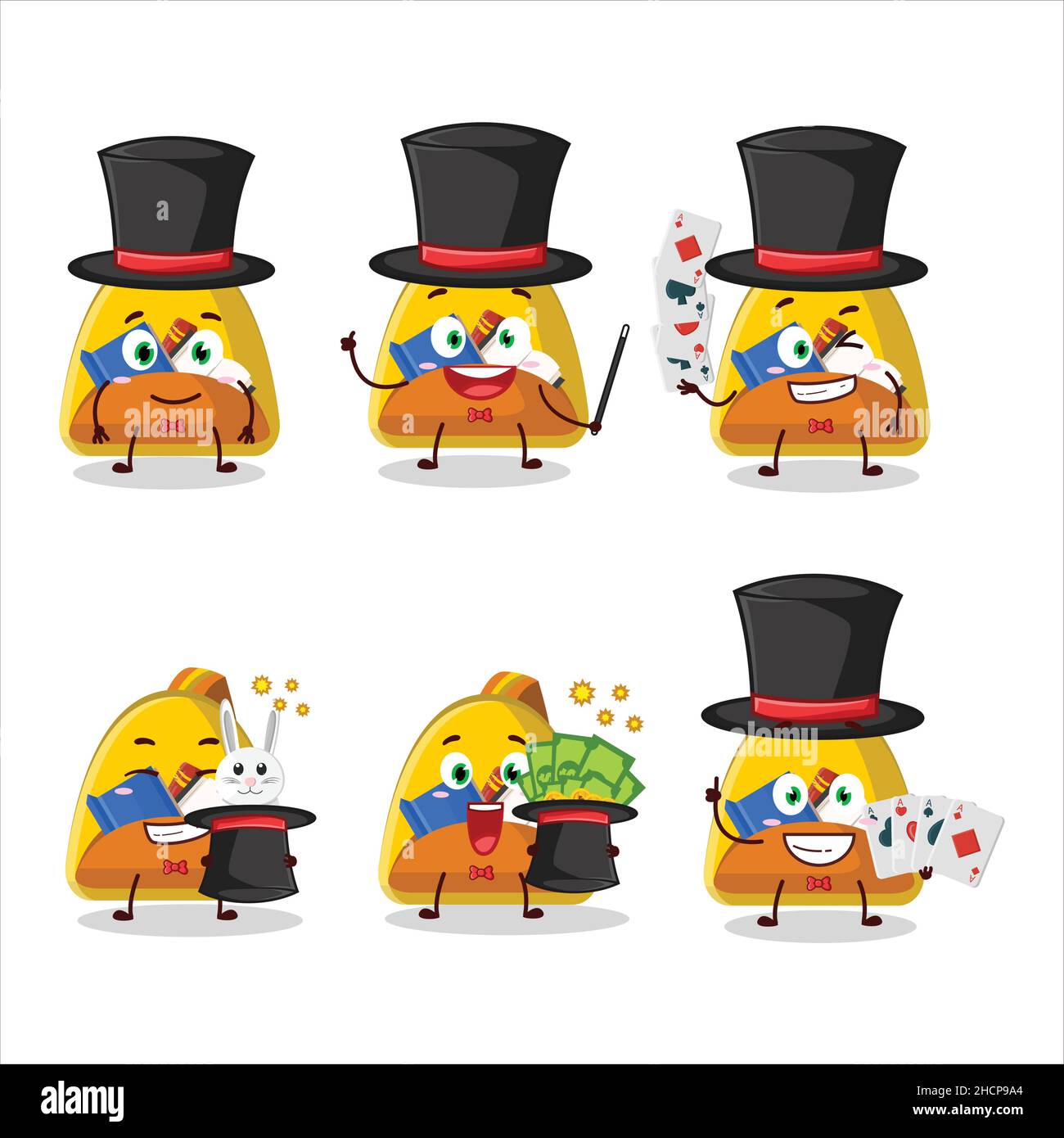 A school bag Magician cartoon character perform on a stage. Vector ...