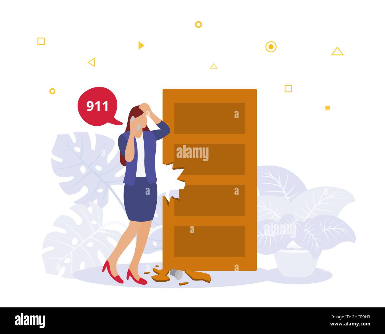 emergeny call 911 concept with woman panic calling with house broken ...
