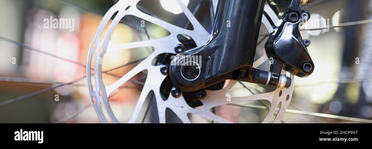 Mountain bike front wheel with mechanical disc brake closeup Stock ...